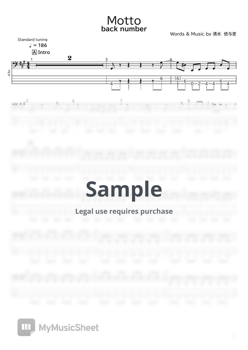 back number - Motto 악보 by たぶべー＠財布に優しいベース楽譜屋さん（BASS・TAB譜）