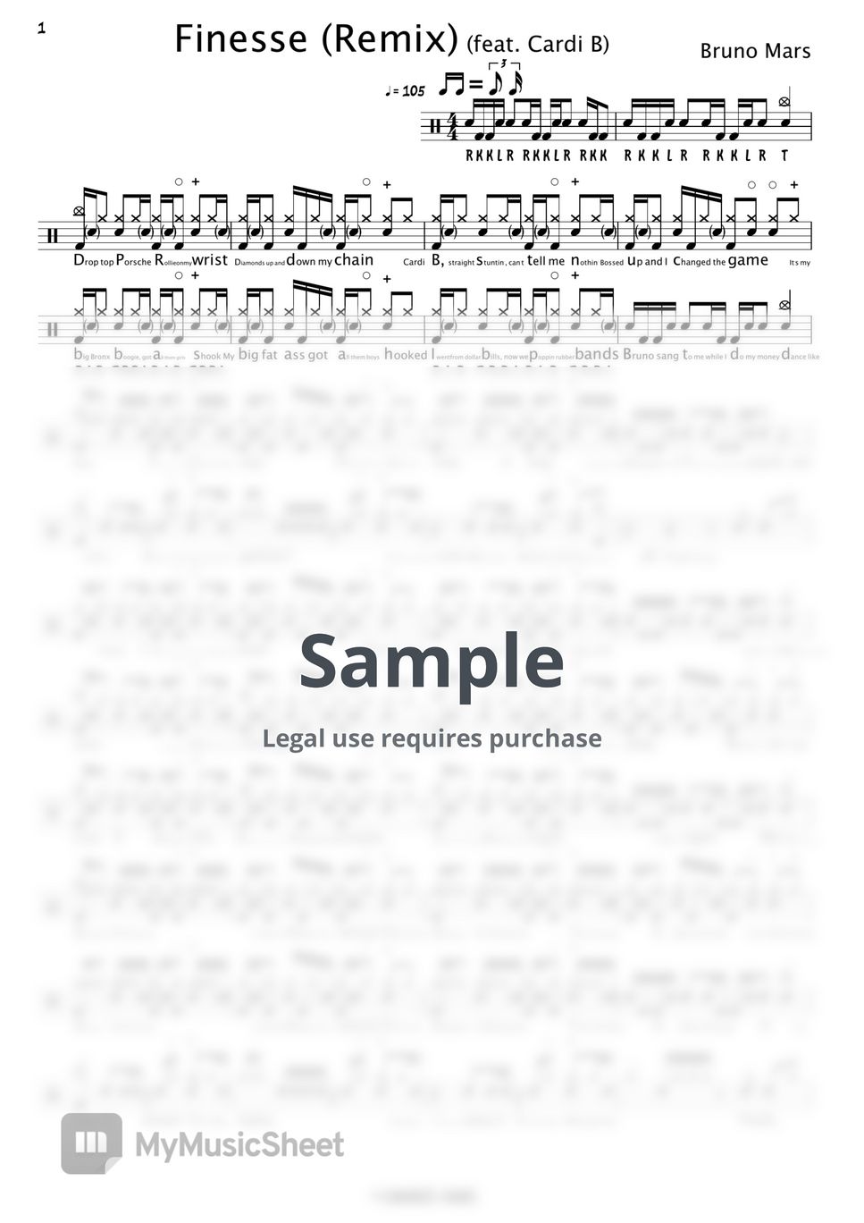 Bruno Mars - Finesse (Remix) (Feat. Cardi B) Sheets by Gwon's DrumLesson