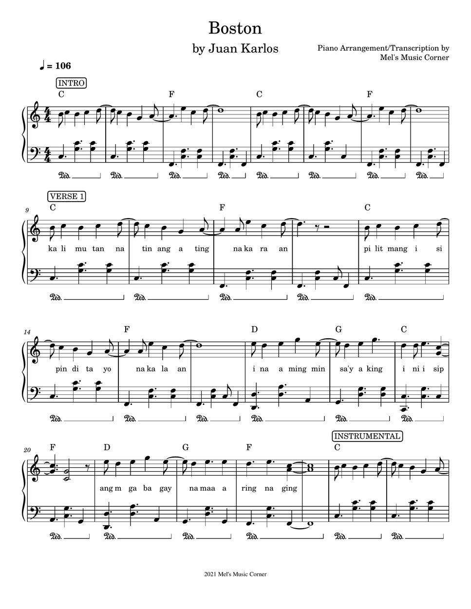 Juan Karlos - Boston (piano sheet music) Sheets by Mel's Music Corner