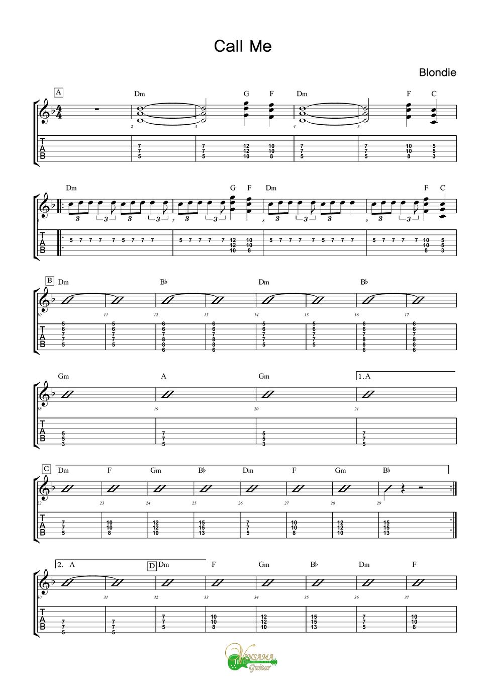 Blondie - Call Me Tab + 1staff by 빈사마기타나라