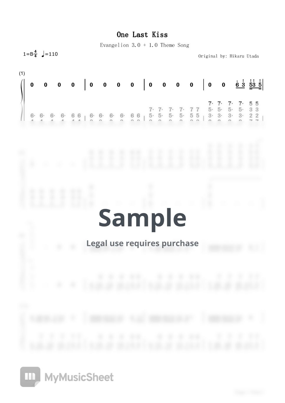 宇多田光 - One Last Kiss (新福音战士剧场版终主题曲[简谱]) Sheet Music by Shinian