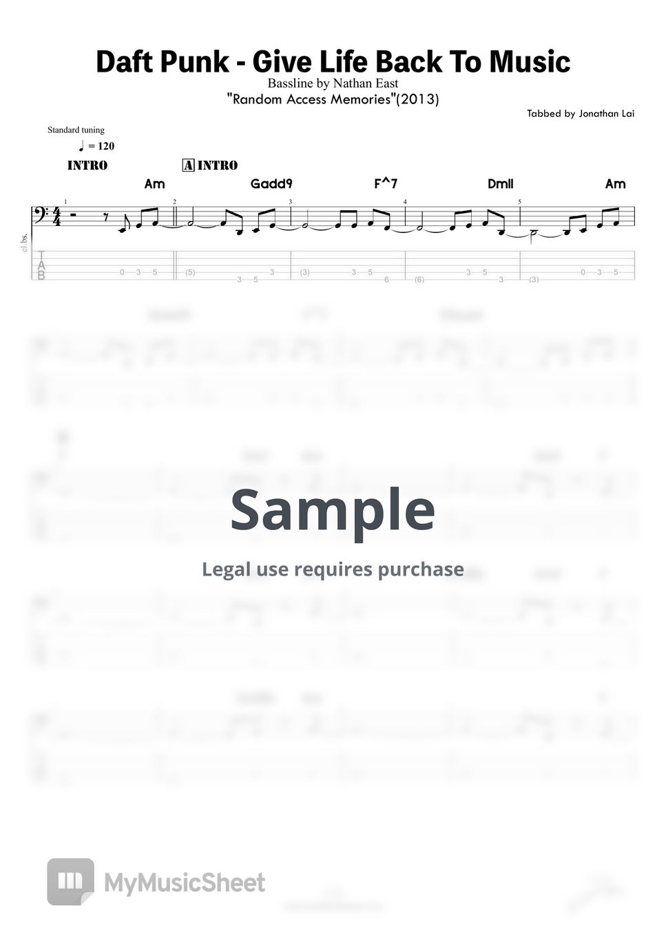 Daft Punk - Give Life Back To Music (Bass Guitar Score) TAB PDF | Jonathan Lai | mymusic5