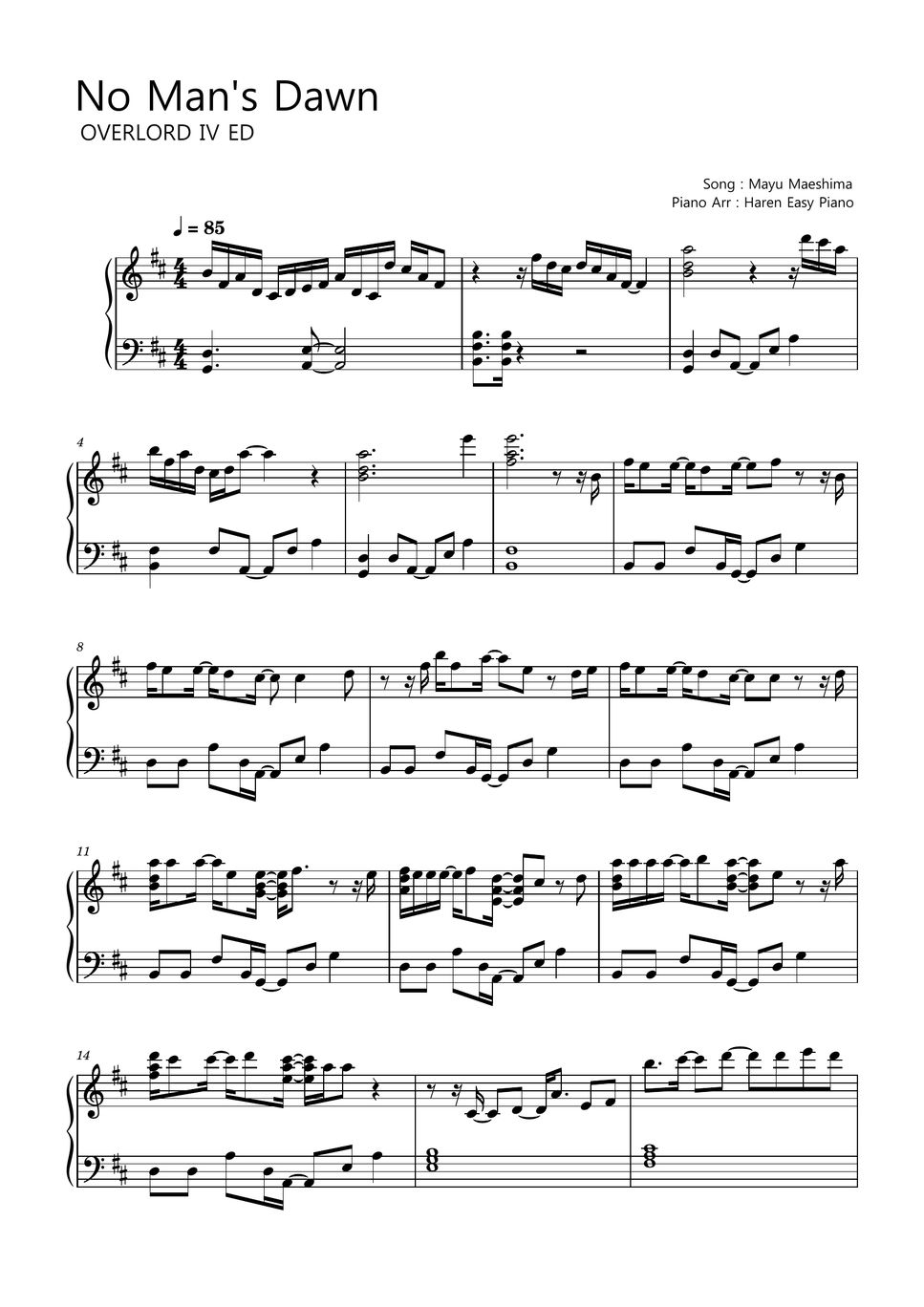 Overlord Ⅳ Season 4 Ed No Mans Dawn Sheets By Haren Easy Piano
