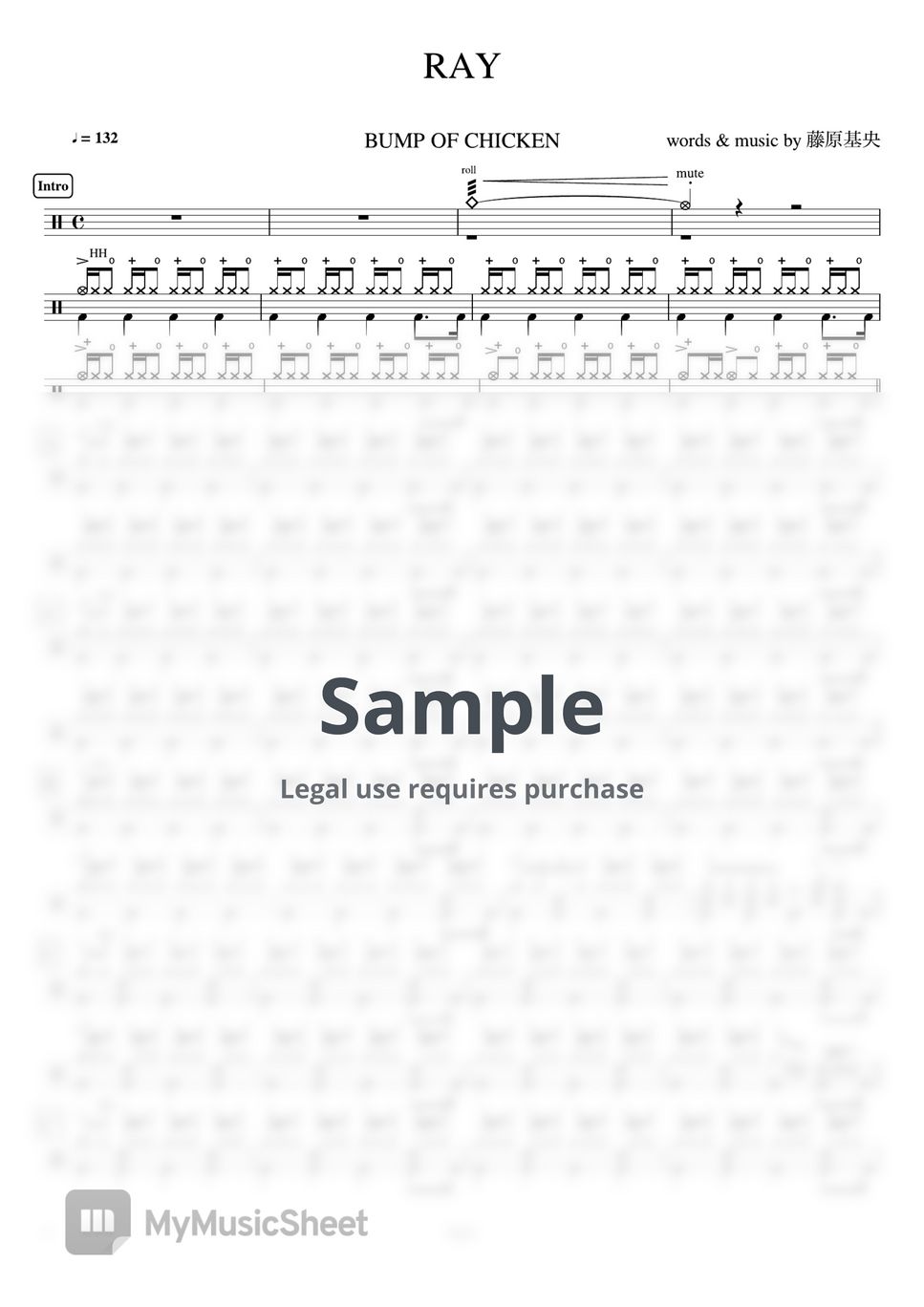 BUMP OF CHICKEN - RAY 악보 by Cookai's J-pop Drum sheet music!!!