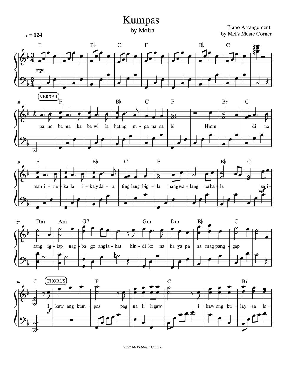 Moira dela Torre - Kumpas (piano sheet music) 악보 by Mel's Music Corner