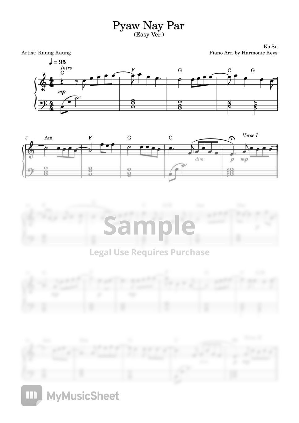 Kaung Kaung - Pyaw Nay Par (Easy Version) Sheet Music by Harmonic Keys