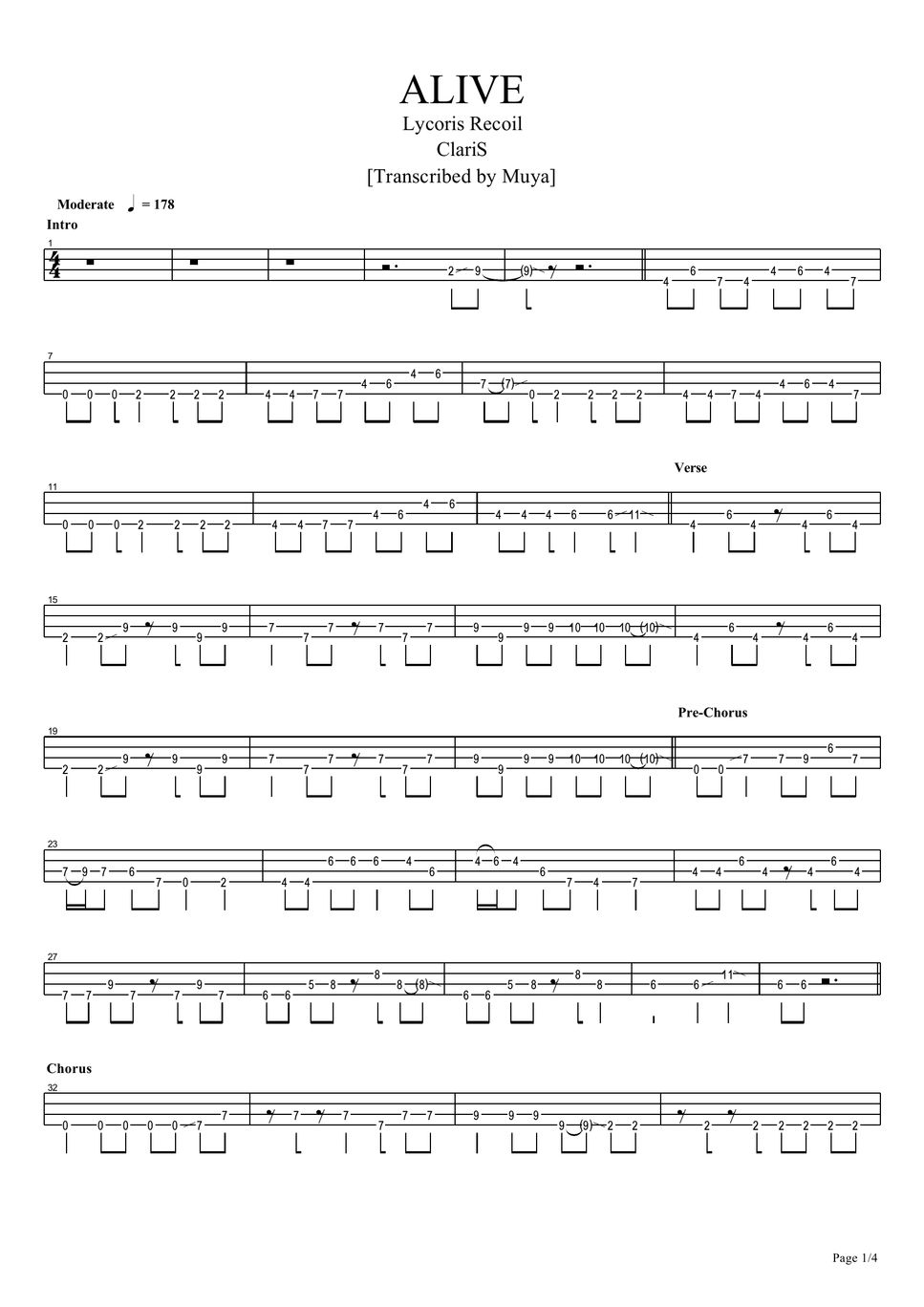 ClariS - ALIVE (Bass TAB) 악보 by Muya