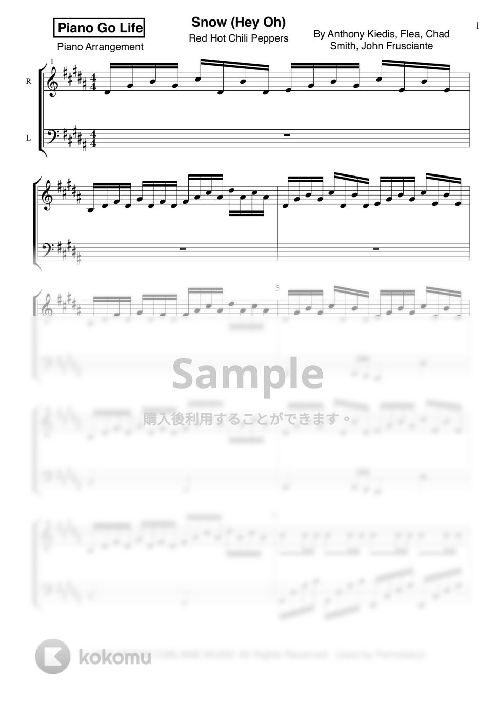 Red Hot Chili Peppers - Snow (Hey Oh) 楽譜 by Piano Go Life