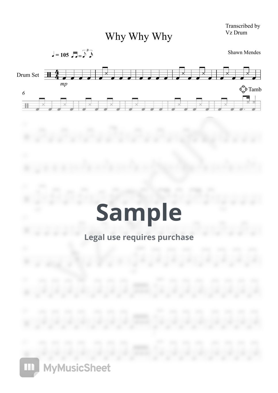 Shawn Mendes - Why Why Why Drum โน้ตเพลง PDF | Vz Drum | mymusic5
