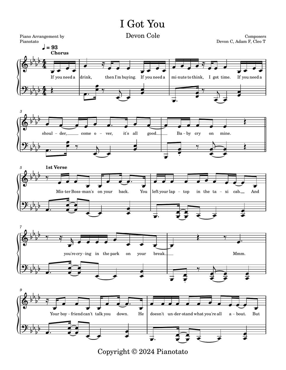 Devon Cole - I Got You Sheet Music by Pianotato