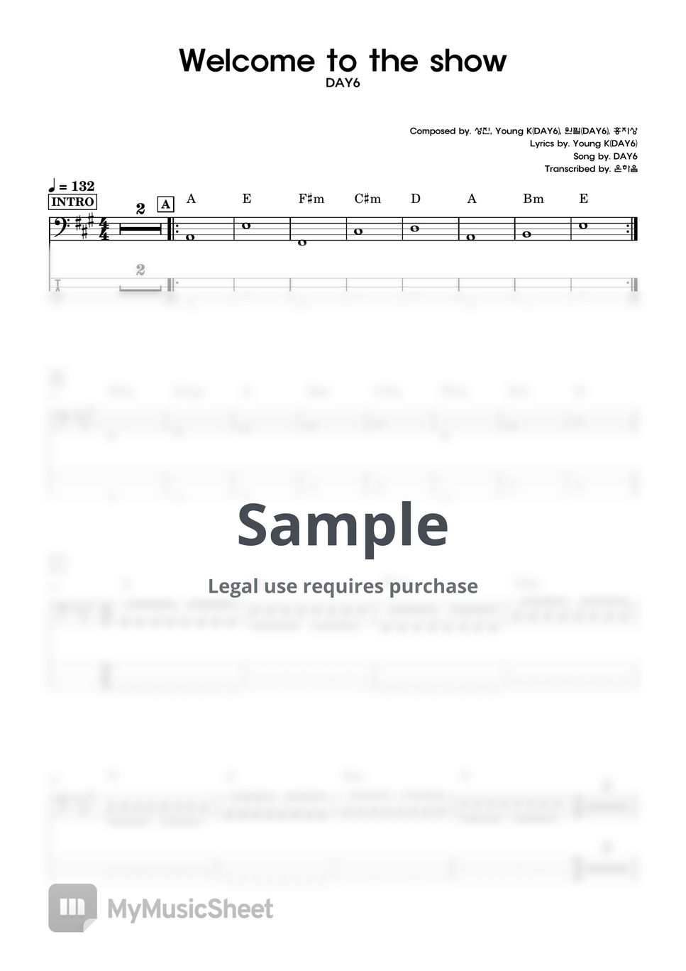 DAY6 - Welcome to the show (베이스 / 코드 포함 / +타브 악보) TAB+1 Staff by 온하음