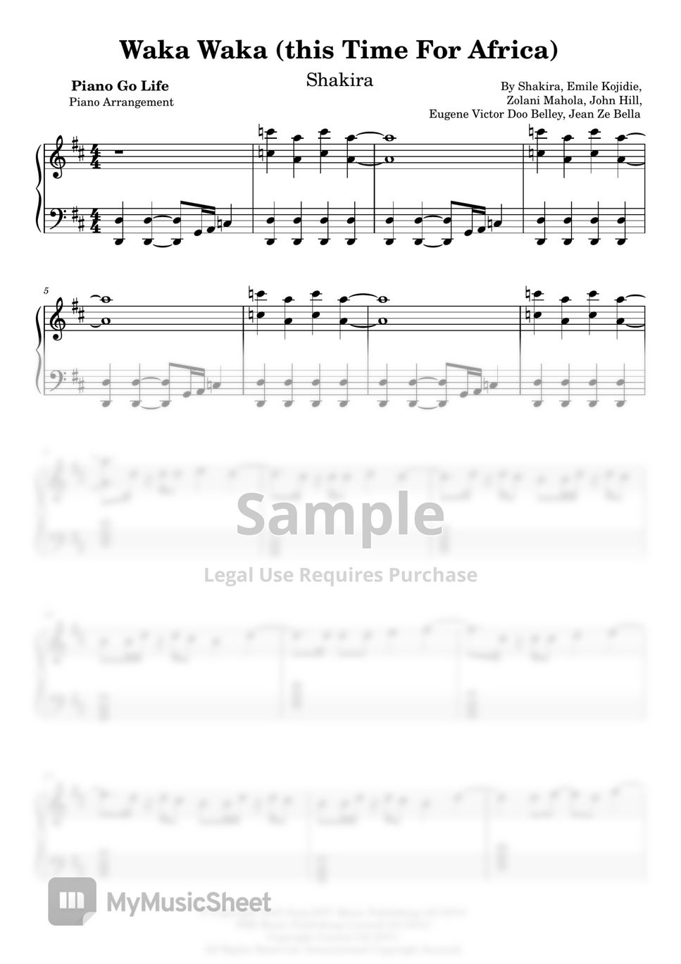 Shakira - Waka Waka Sheets by Piano Go Life