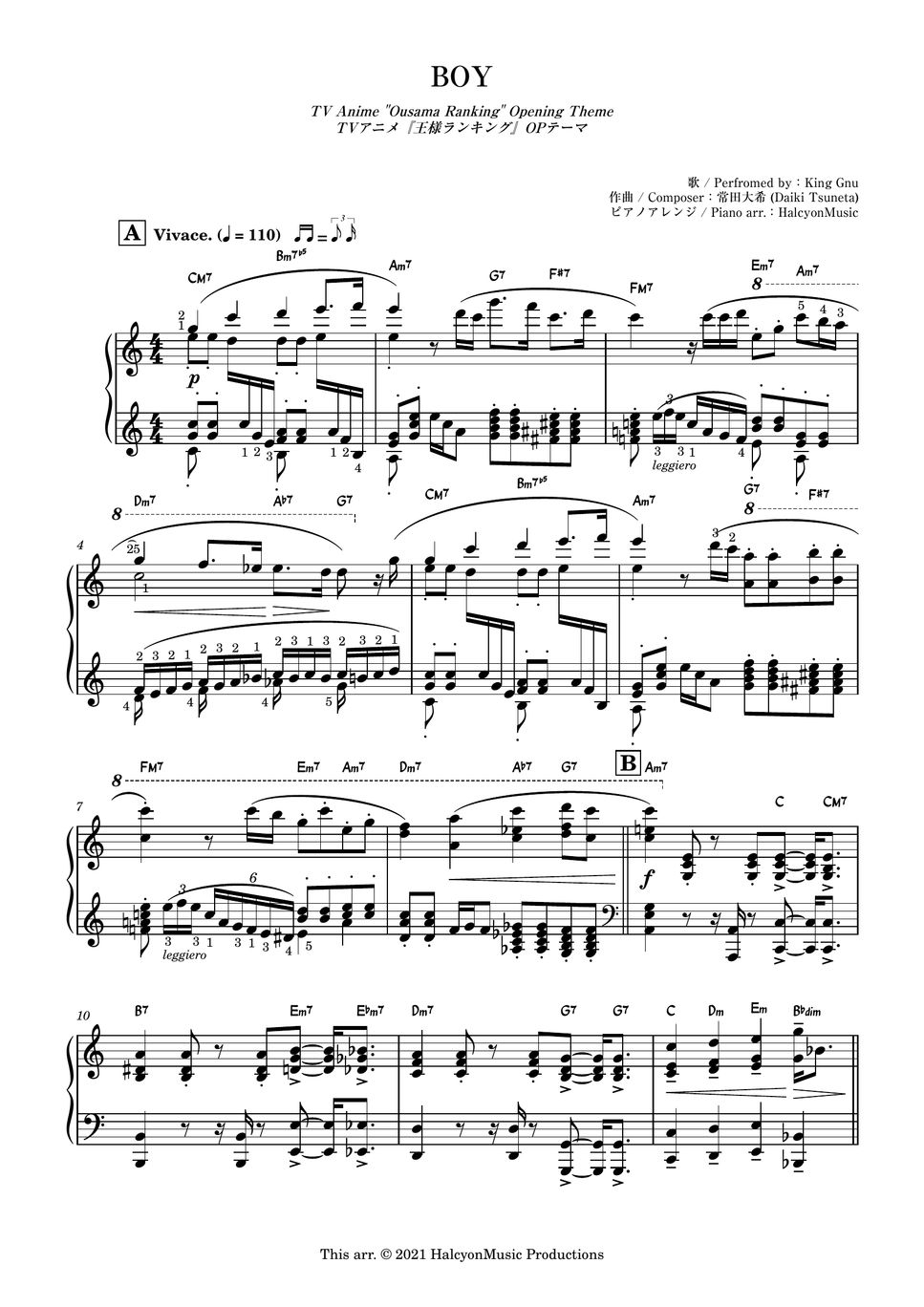 King Gnu - BOY (Ousama Ranking OP) Sheets by HalcyonMusic