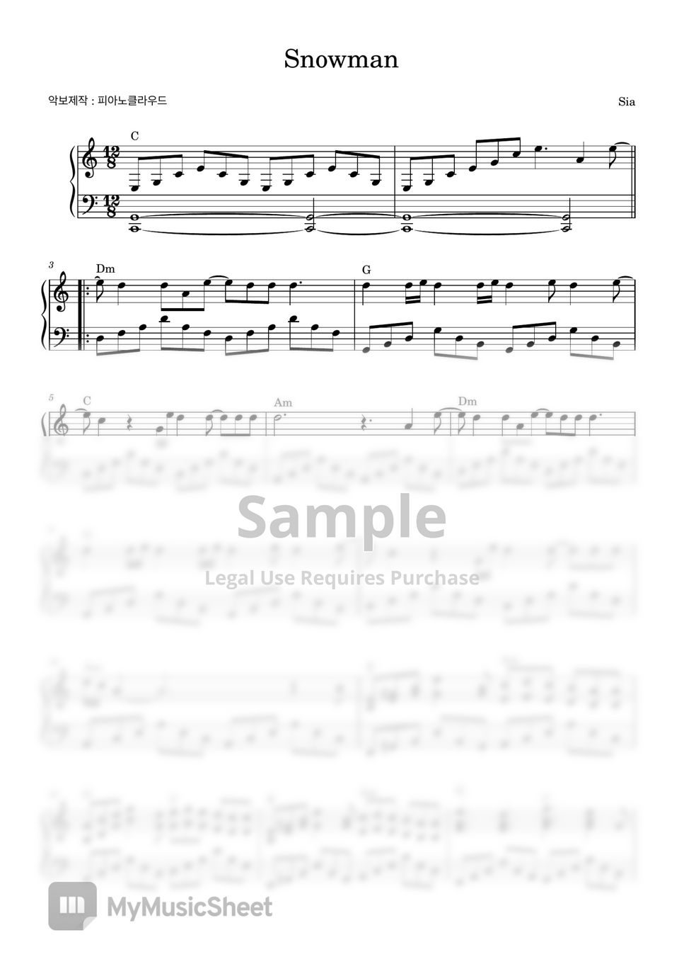Sia - Snowman (Snowman/Sia/쉬운Ckey) Sheets by 피아노클라우드(piano cloud)