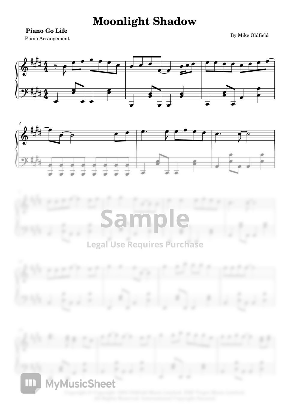 Mike Oldfield - Moonlight Shadow 악보 by Piano Go Life