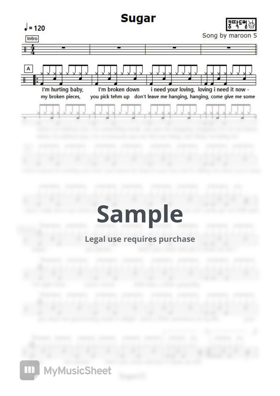 maroon 5 - Sugar Sheet Music by 쿵딱드럼
