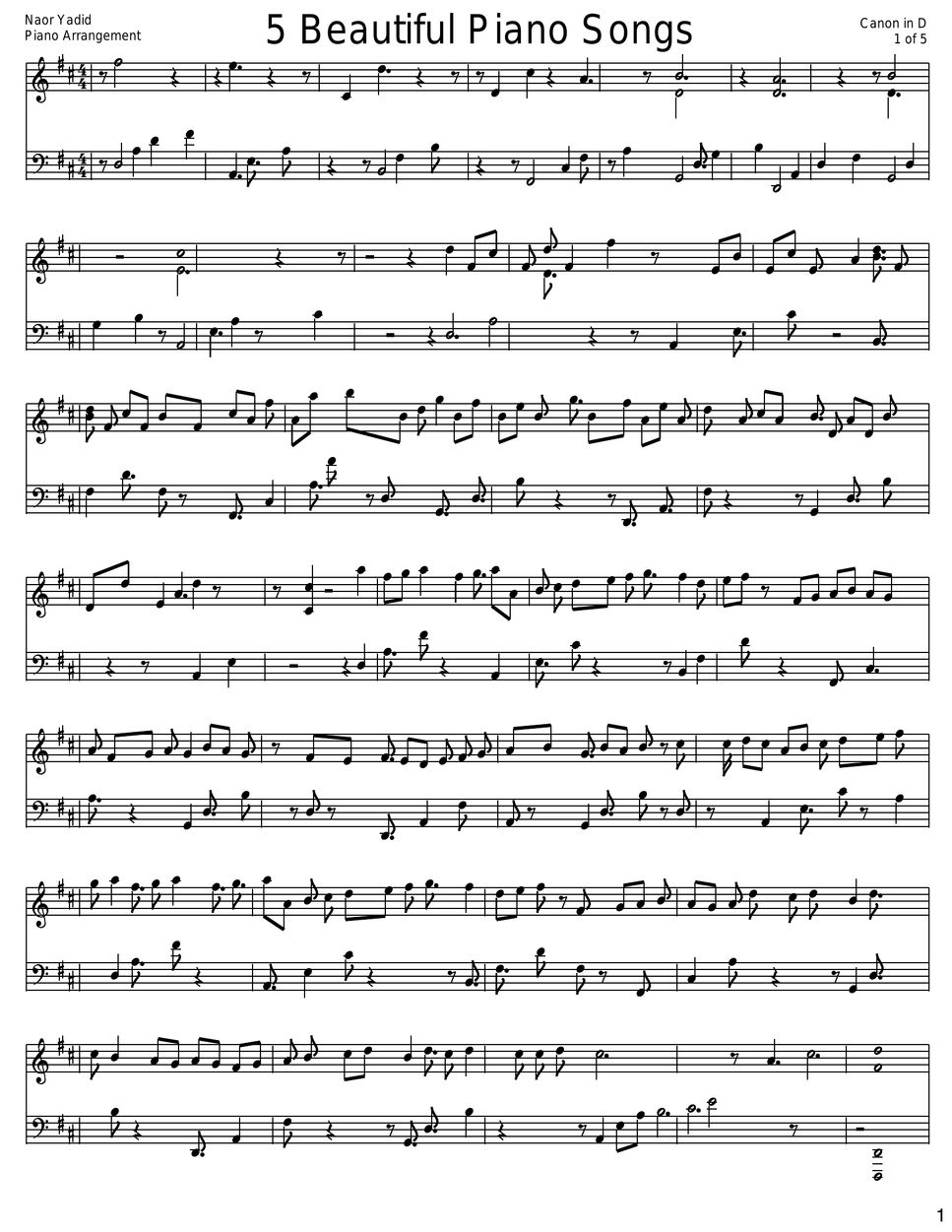 5 Beautiful Piano Songs - 5 Piano Sheets Sheet by Naor Yadid