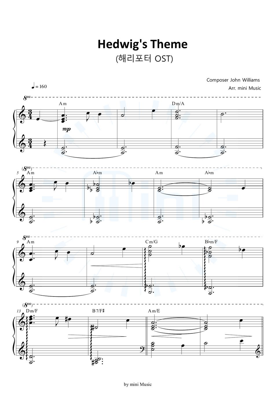 Harry Potter OST - Hedwig's Theme (해리포터 OST) (Am Key, Easy) Sheets by mini Music