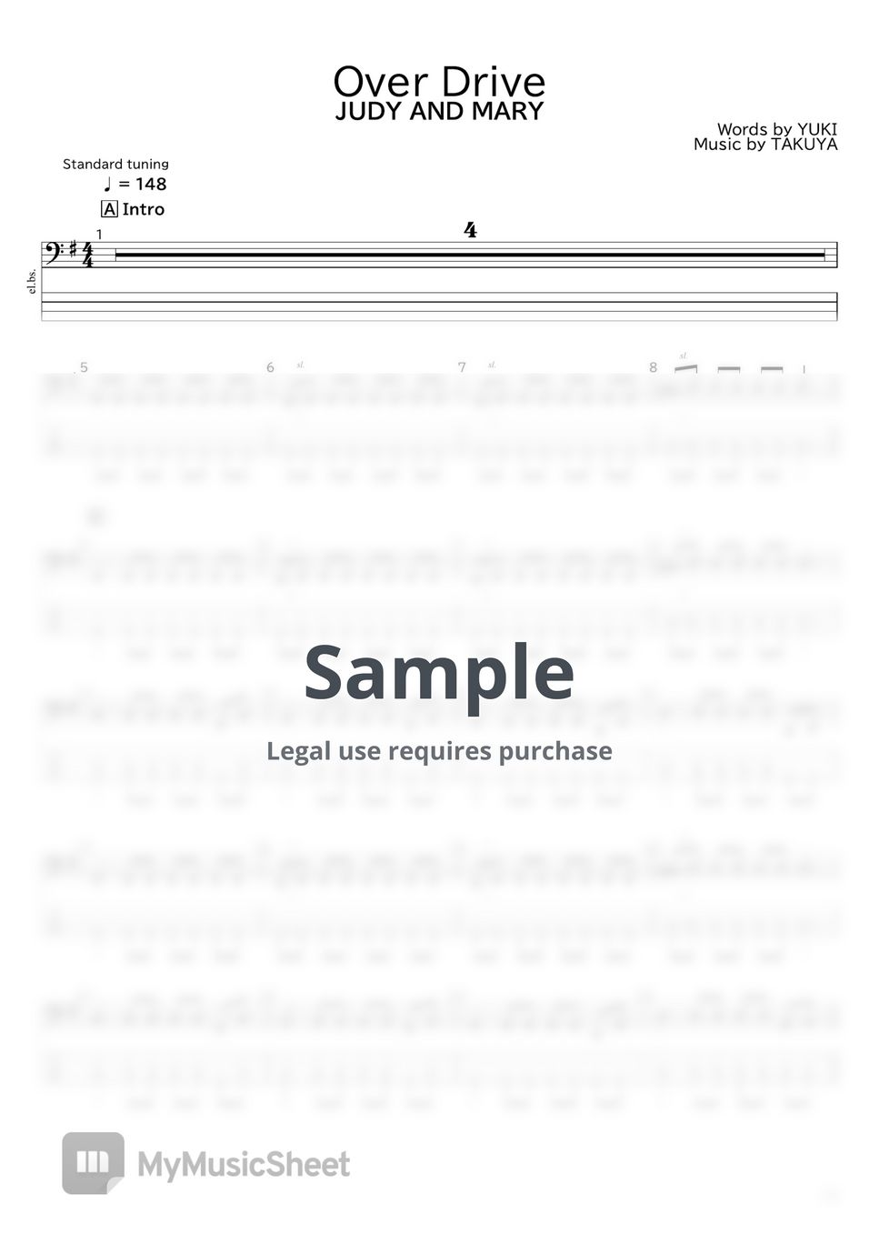 JUDY AND MARY - Over Drive 악보 by たぶべー＠財布に優しいベース楽譜屋さん（BASS・TAB譜）