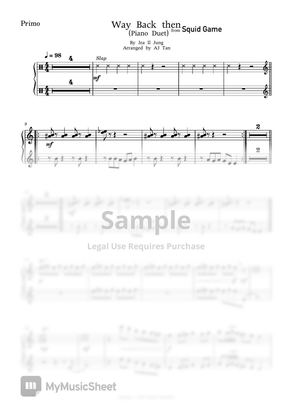 jung jaeil - Way Back then (Piano Duet) (Squid Game soundtrack) Sheets by AJ Tan