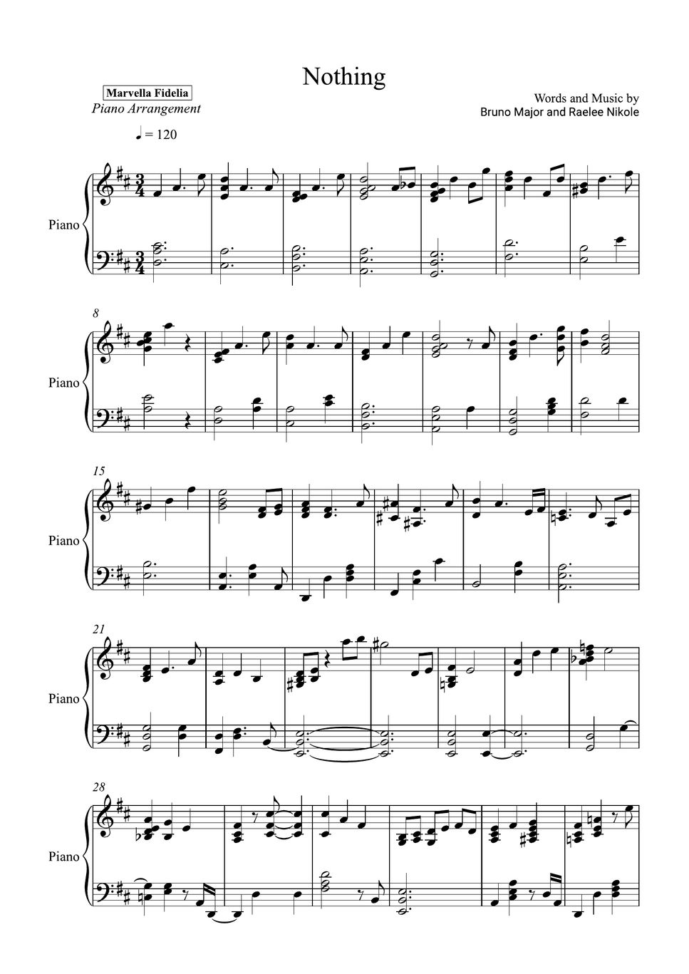 Bruno Major - Nothing Sheet by Marvella