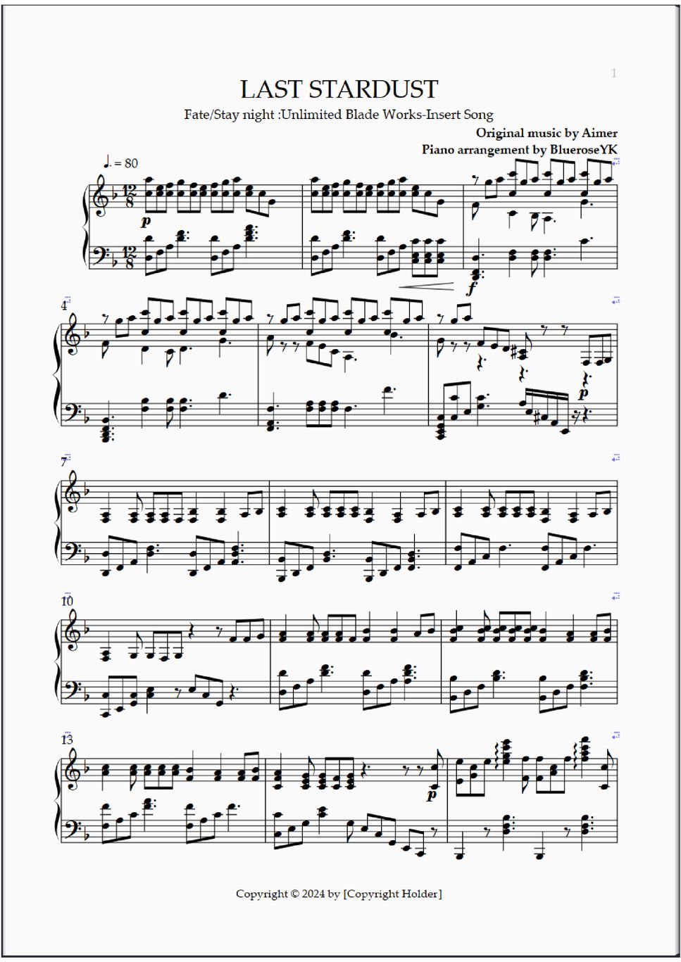 Aimer - Last Stardust (Fate/Stay night) Sheet Music by BlueRoseYK