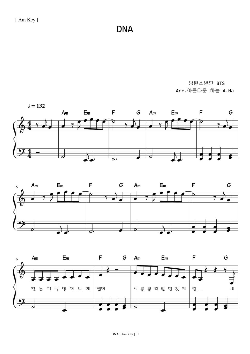 BTS 방탄소년단 "DNA" [ Level 1 ] Sheet