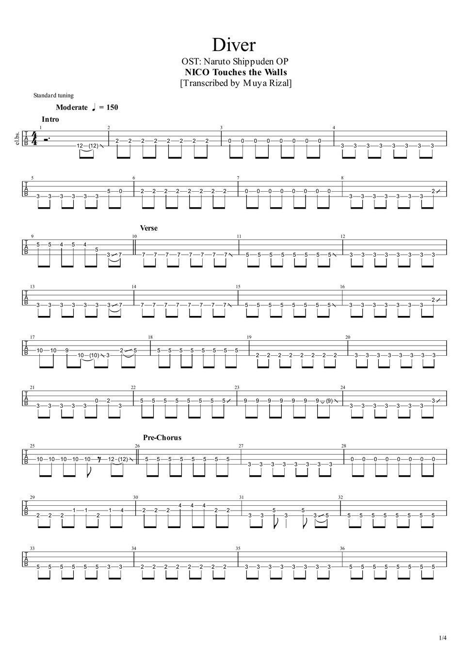 NICO Touches the Walls - Diver (Bass TAB) Sheets by Muya