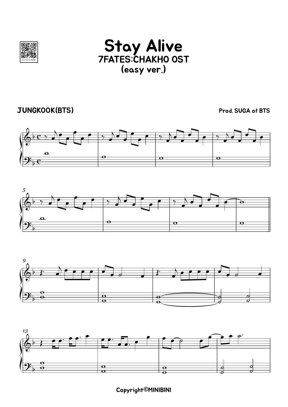 7FATES: CHAKHO OST - Stay Alive (Prod. SUGA of BTS) (Easy Version) 악보 ...