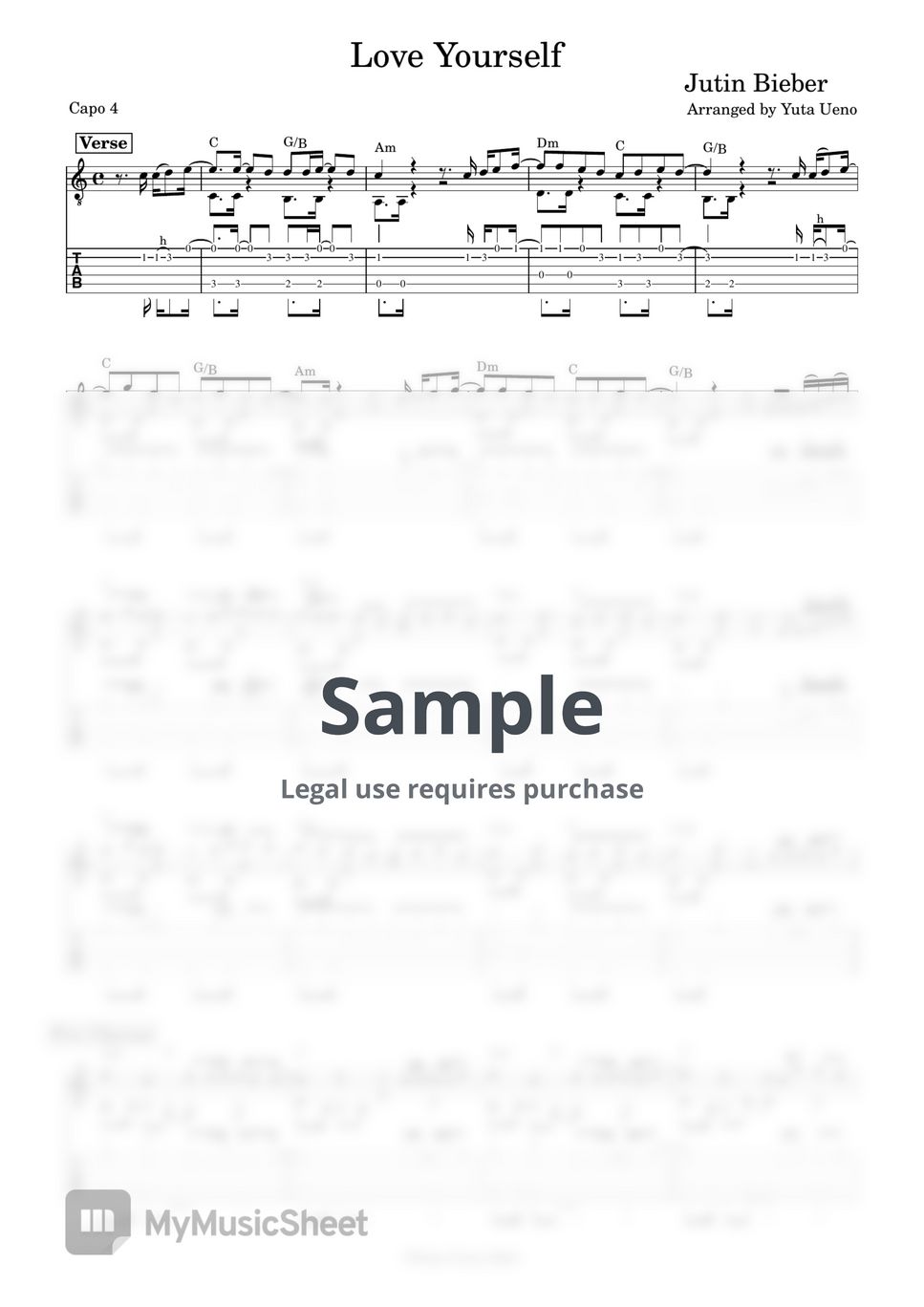 Justin Bieber - Love Yourself (Fingerstyle) Tab + 단선 악보 by Yuta Ueno