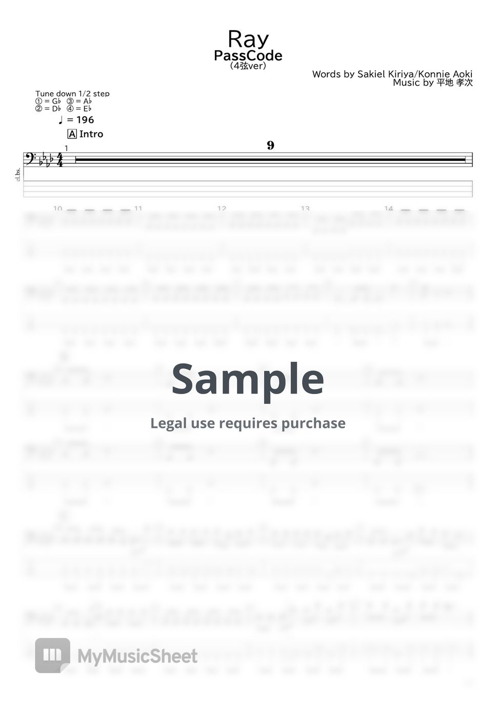PassCode - Ray(4弦ver) Tab + 단선 악보 by たぶべー＠財布に優しいベース楽譜屋さん（BASS・TAB譜）