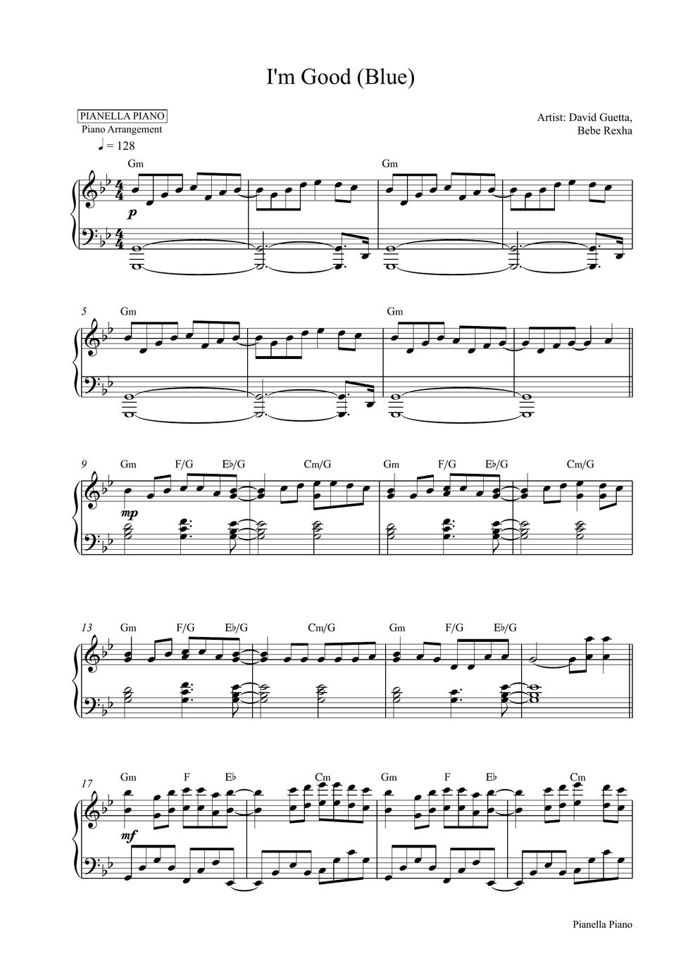 David Guetta, Bebe Rexha - I'm Good (Blue) (Piano Sheet) 楽譜 by Pianella ...