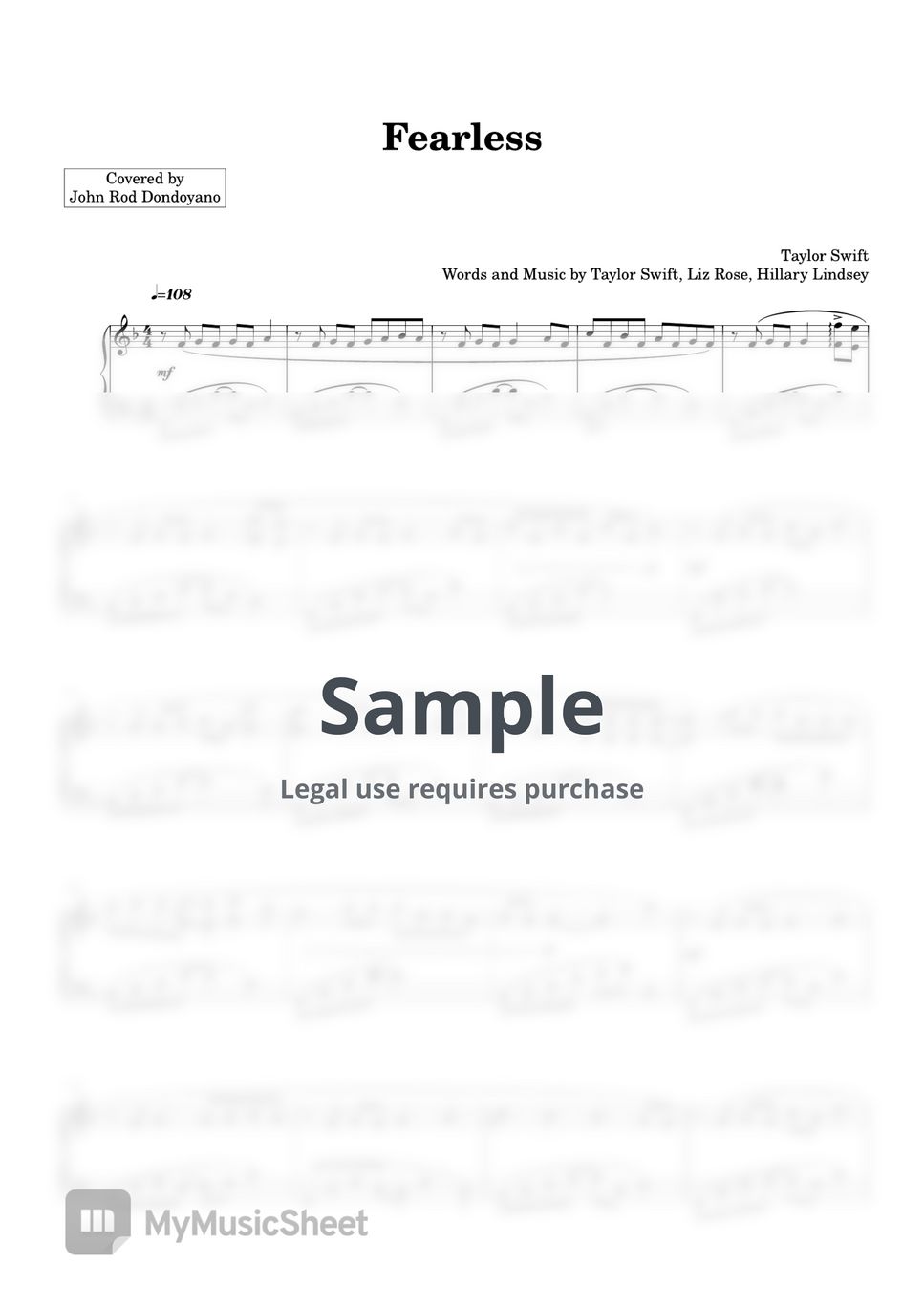 Taylor Swift - Fearless (PIANO SHEET) โน้ตเพลง by John Rod Dondoyano