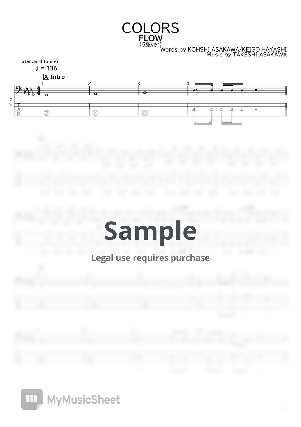FLOW - COLORS(5弦ver) TAB+1 Staff by たぶべー＠財布に優しいベース楽譜屋さん（BASS・TAB譜）