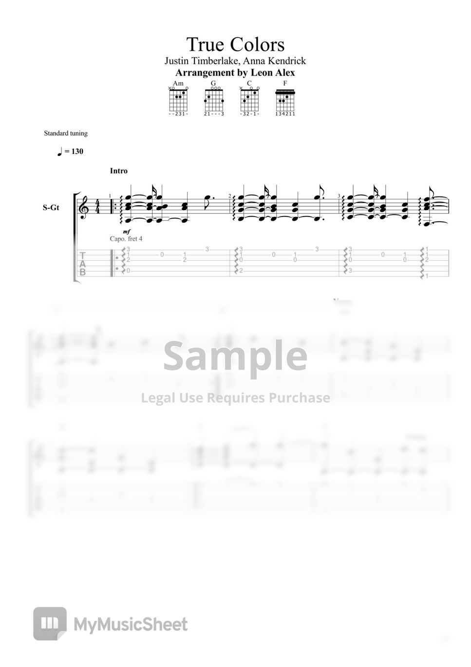 Cyndi Lauper - True Colors (Guitar) 악보 by Leon Alex