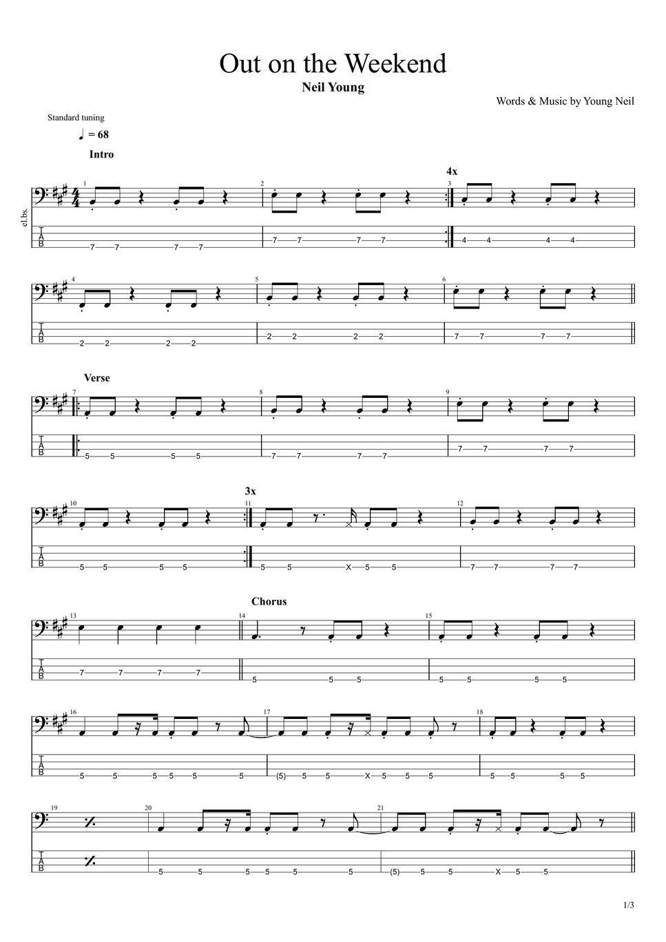 Neil Young - Out on the Weekend タブ + 五線譜 by まっきん