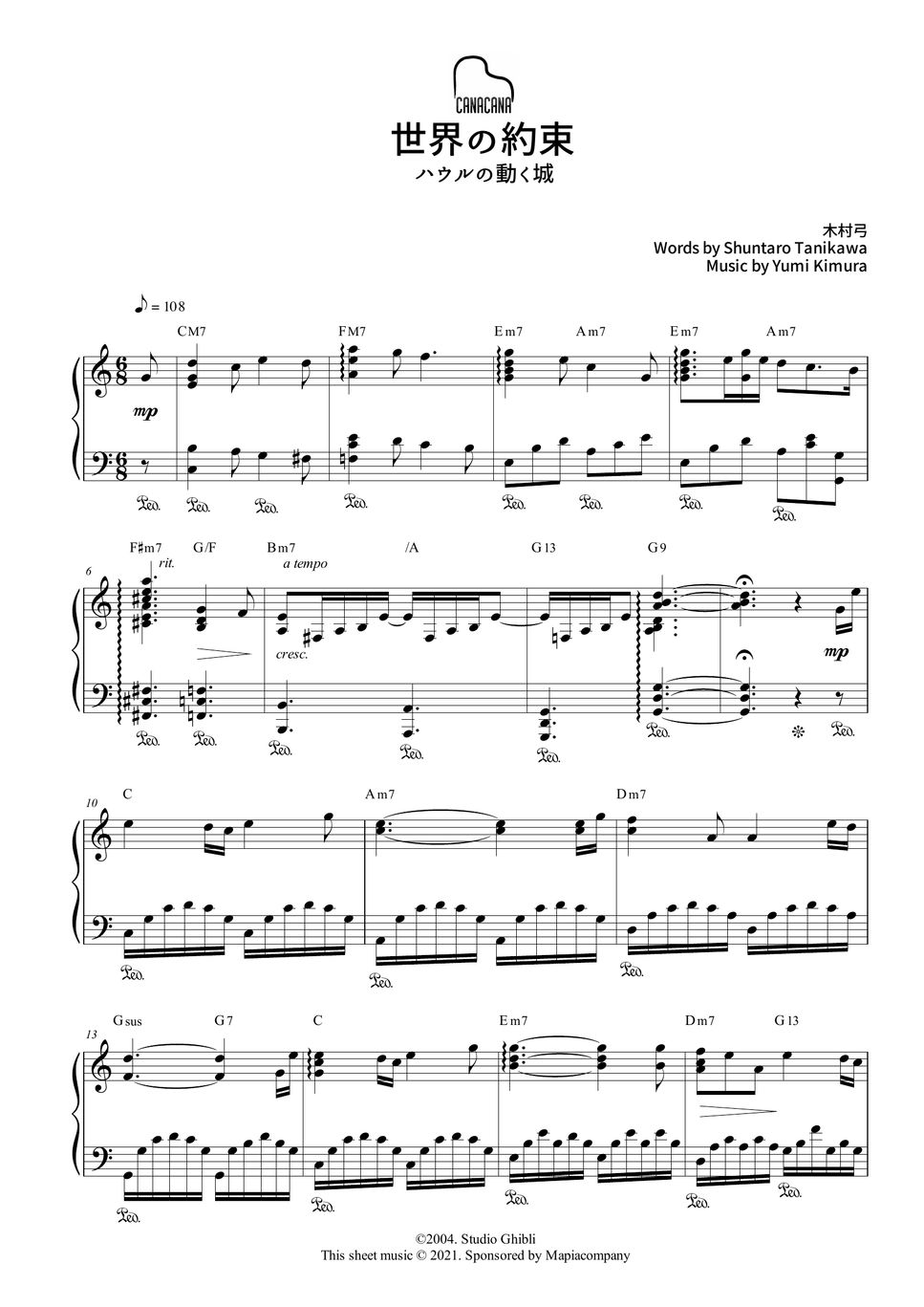 Howl's Moving Castle - Sekai no Yakusoku (世界の約束 - ハウルの動く城) 악보 by ...