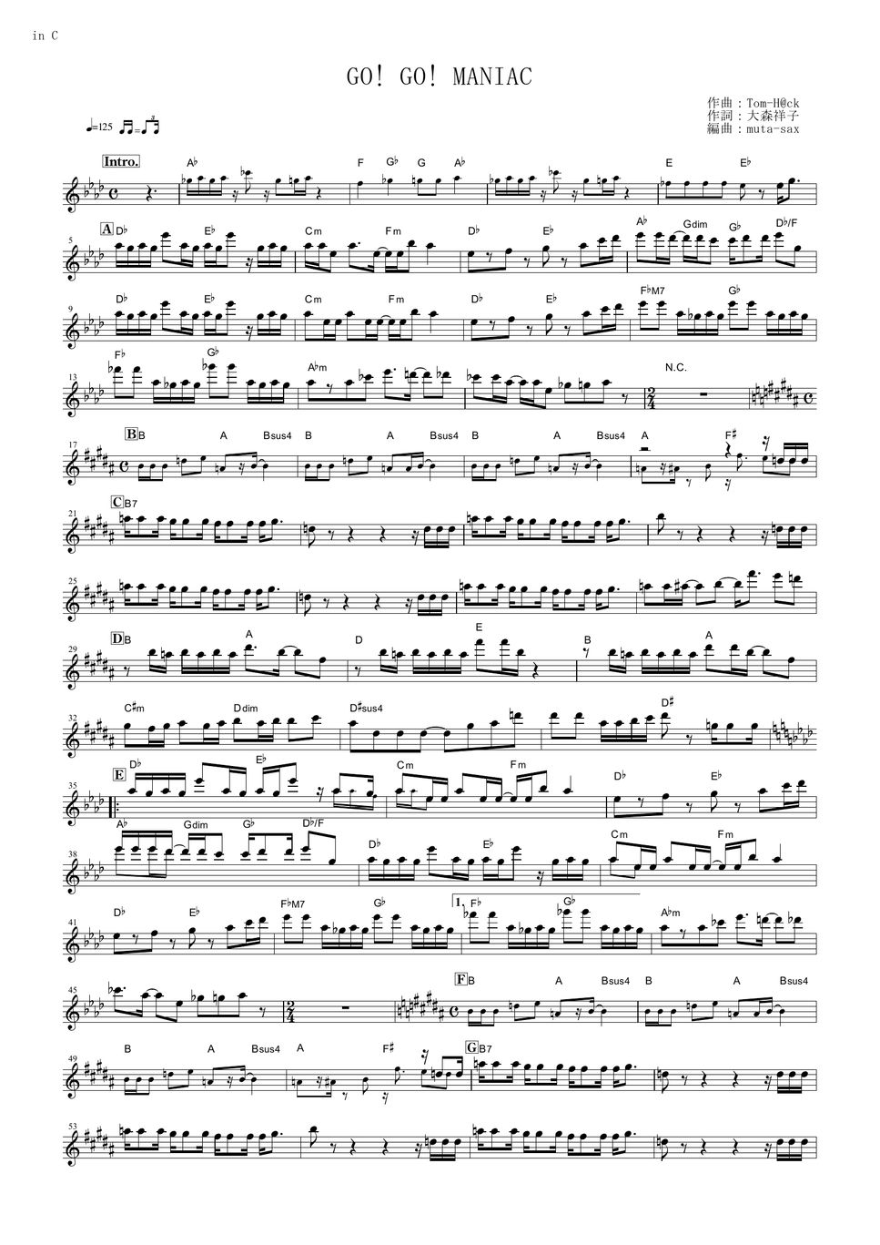 K-On!! - GO! GO! MANIAC (in C) Sheet