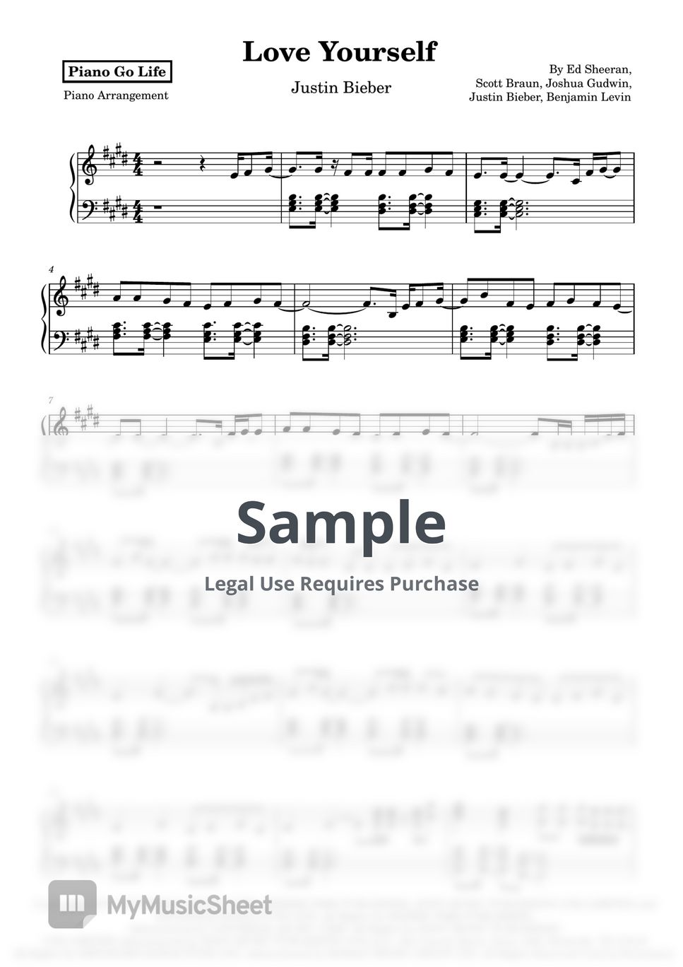 Justin Bieber - Love Yourself Sheets by Piano Go Life