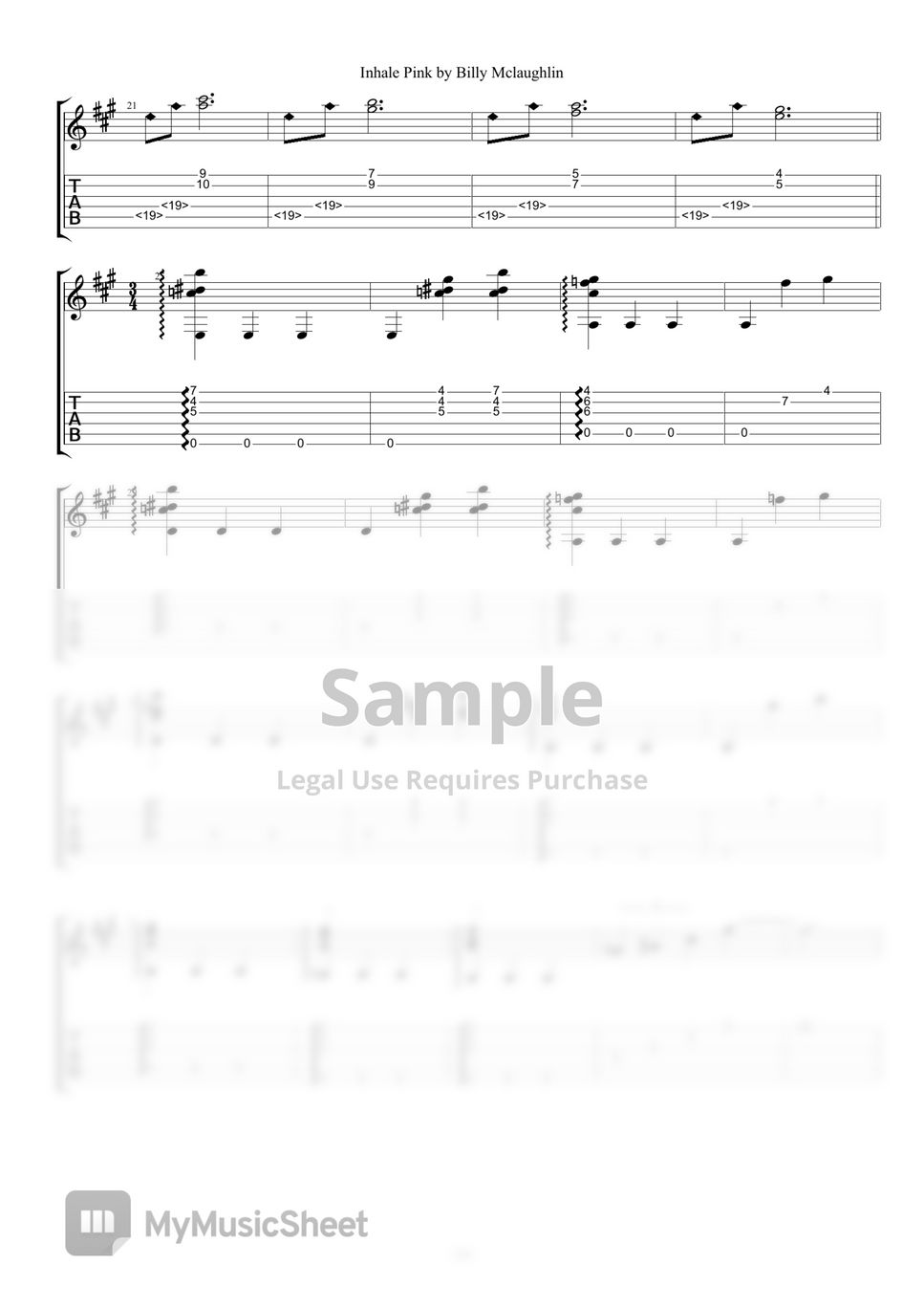 Billy McLaughlin - Inhale Pink (TAB Sheet Music) Tab + 1staff by guitar ...