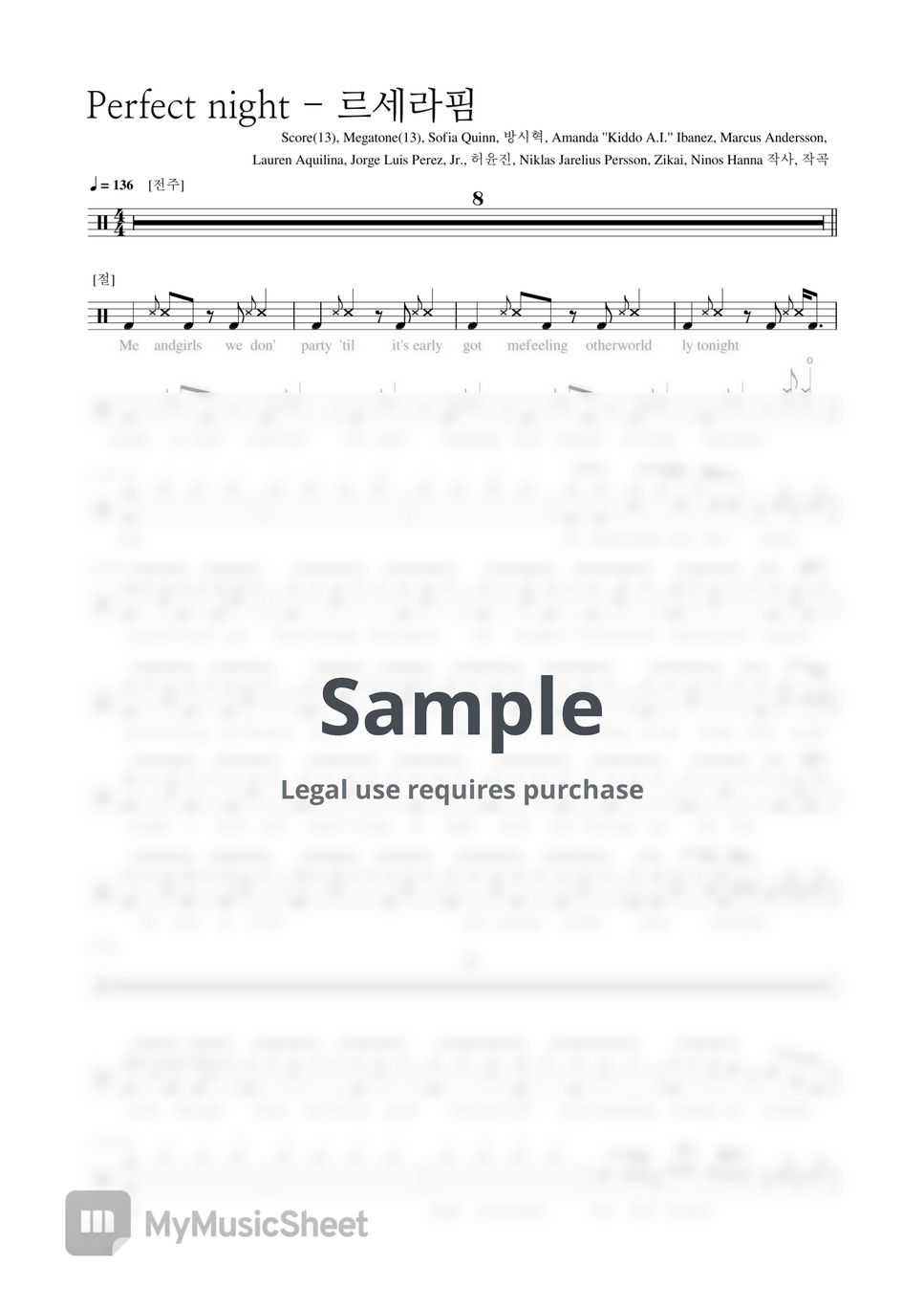 르세라핌 - perfect night Sheet Music by 드럼이지1