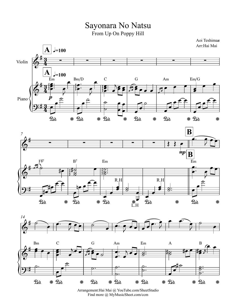 Aoi Teshima - Sayonara No Natsu for Violin and Piano Accompaniment ...