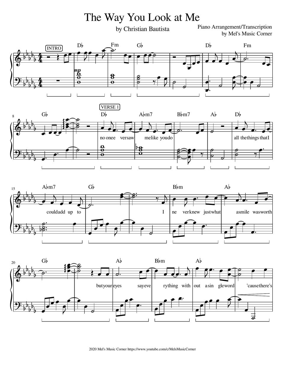 Christian Bautista - The Way You Look at Me (piano sheet music) 樂譜 by Mel's Music Corner