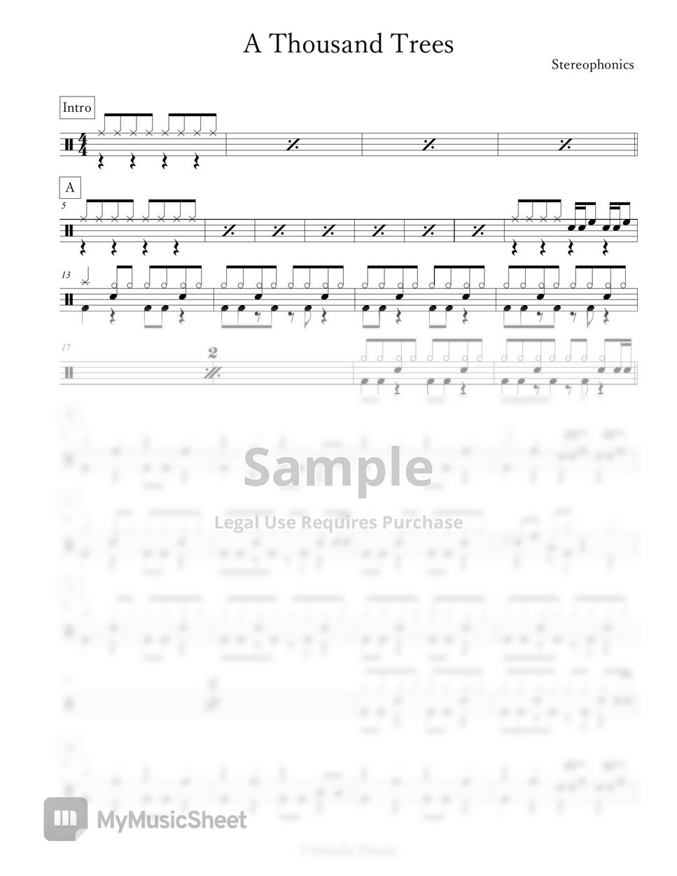 Stereophonics - A Thousand Trees Sheet Music by Arkadia Drums
