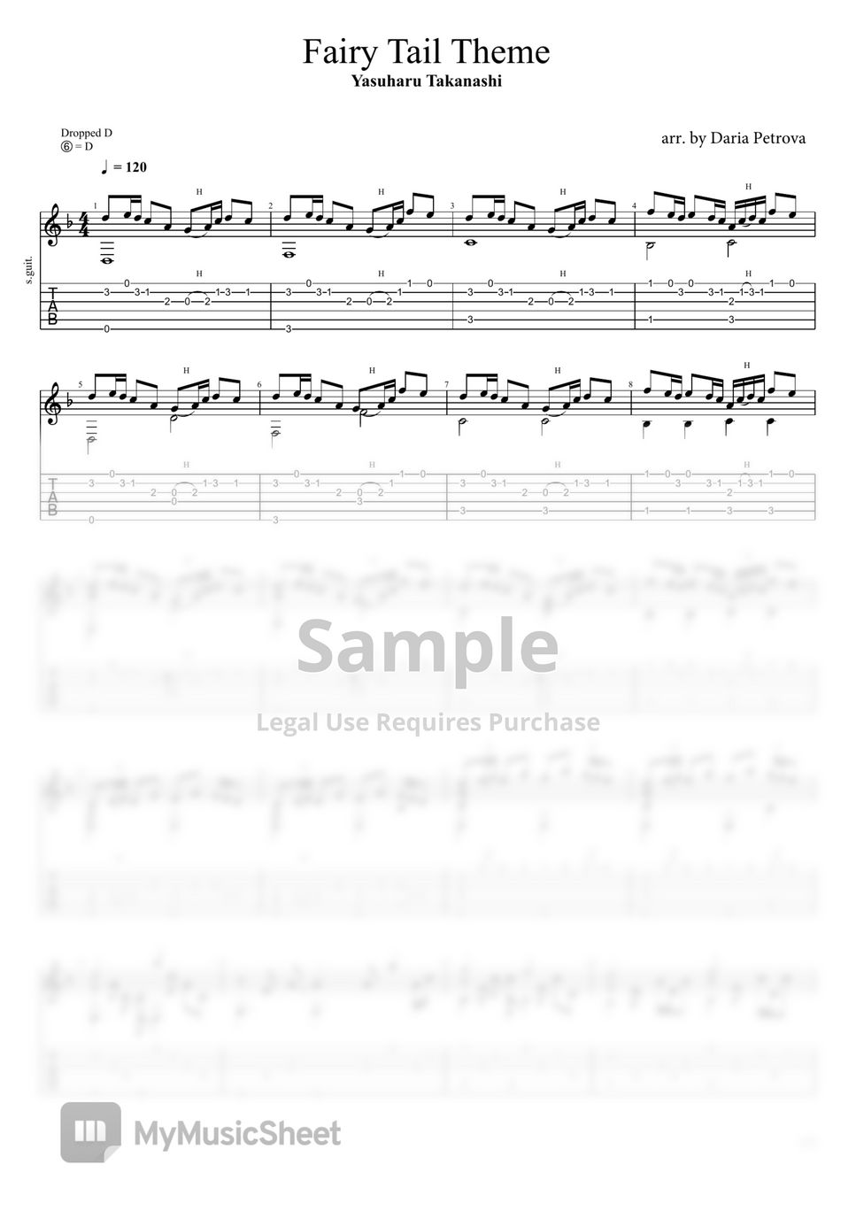 Yasuharu Takanashi - Fairy Tail Main Theme (Fingerstyle Guitar Arrangement, Drop D tuning, No ...