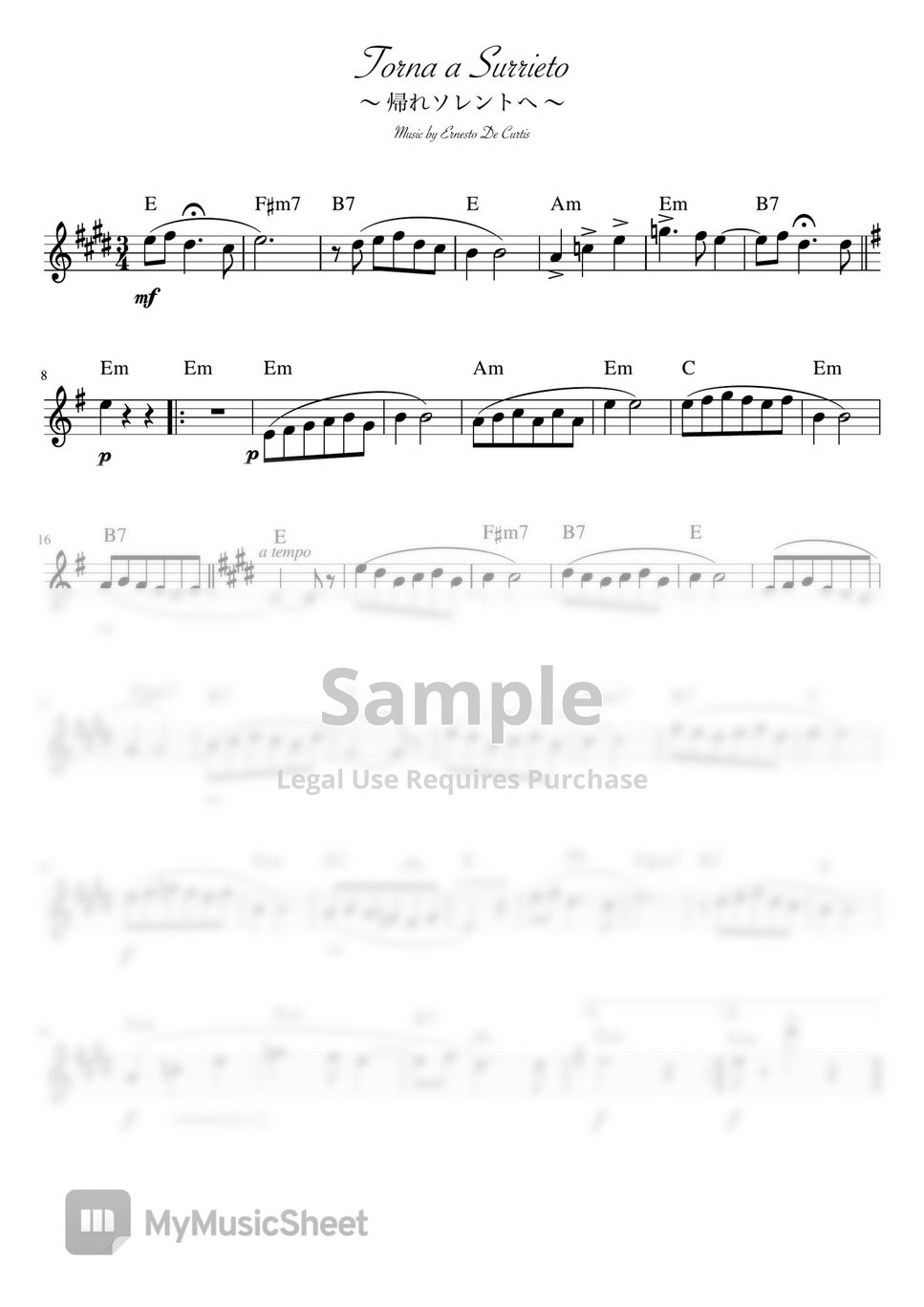 Ernesto De Curtis - Torna a surriento (E major -melody chord) Sheets by ...