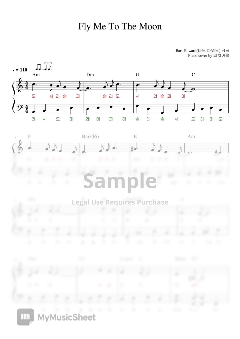 Bart Howard - Fly Me To The Moon (Easy Ver., 스윙리듬) 악보 by 피치아르