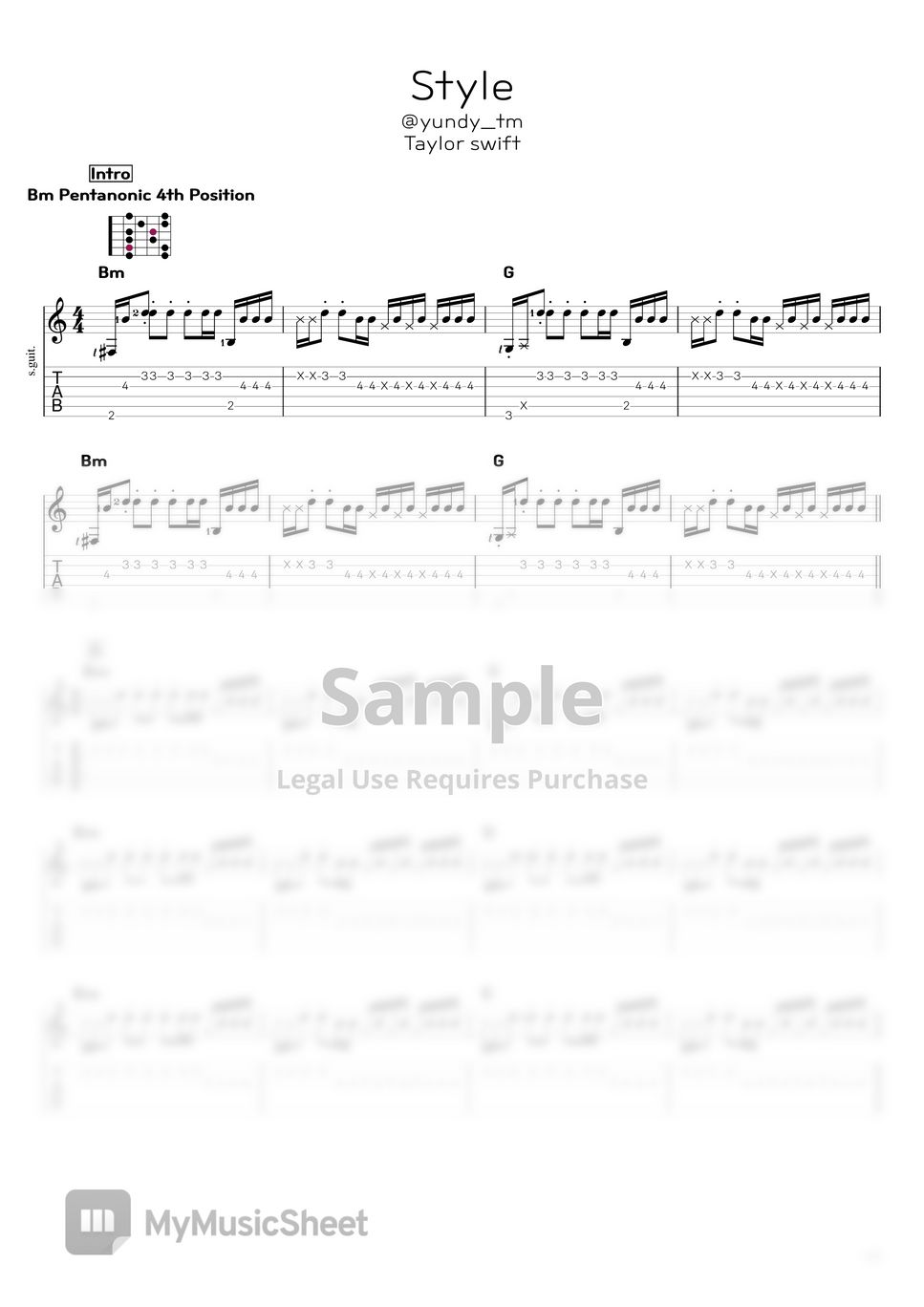 Taylor Swift - Style (chord lyrics + Tab) Sheets by @yundy_tm