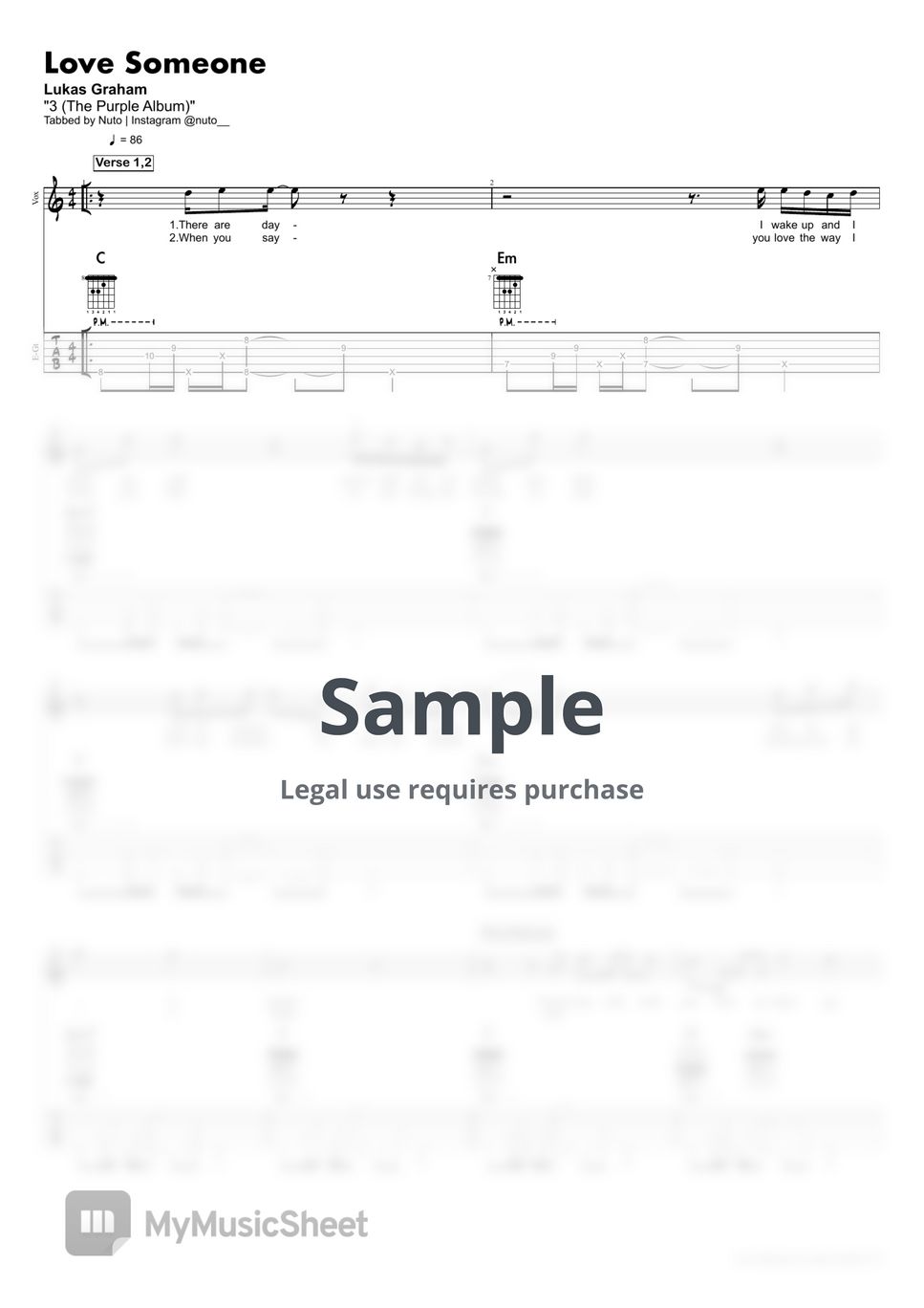 Lukas Graham - Love Someone (E.Guitar Chord&TABS, Vox Melody&lyrics) Sheets by Nuto