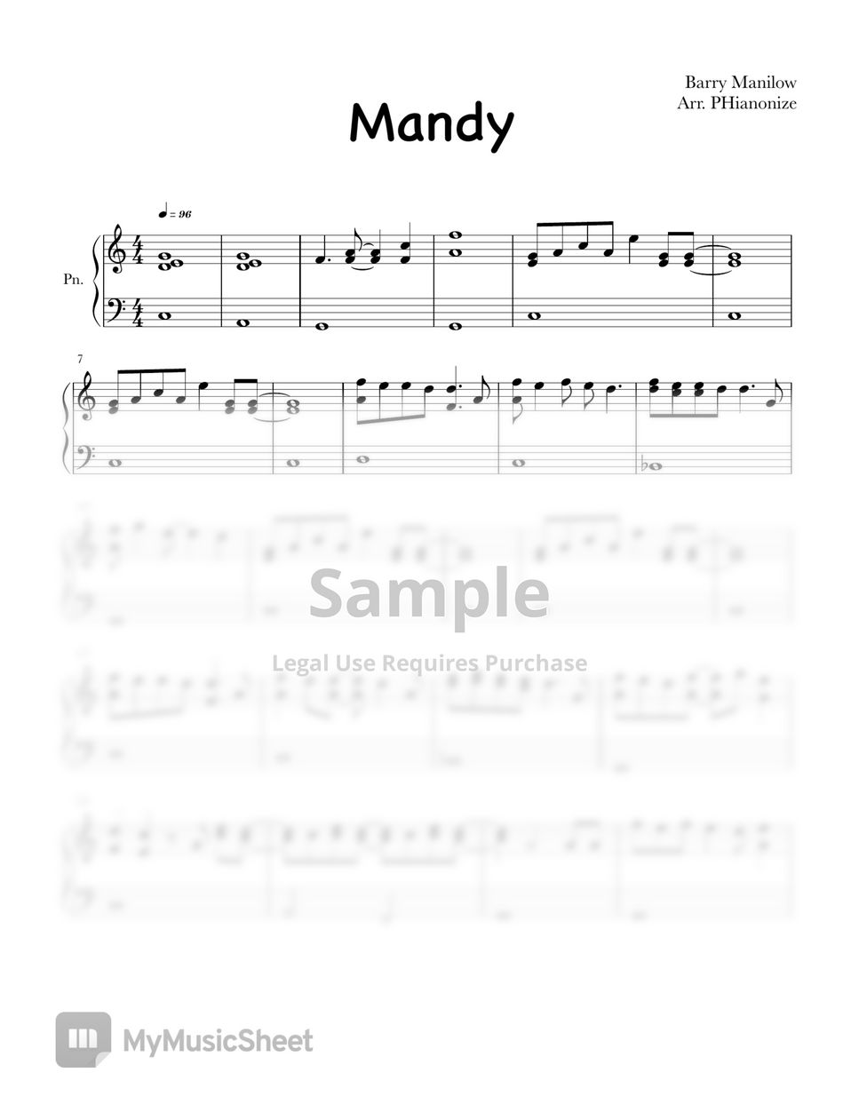 Barry Manilow - Mandy (Easy Version) Partition musicale by PHianonize